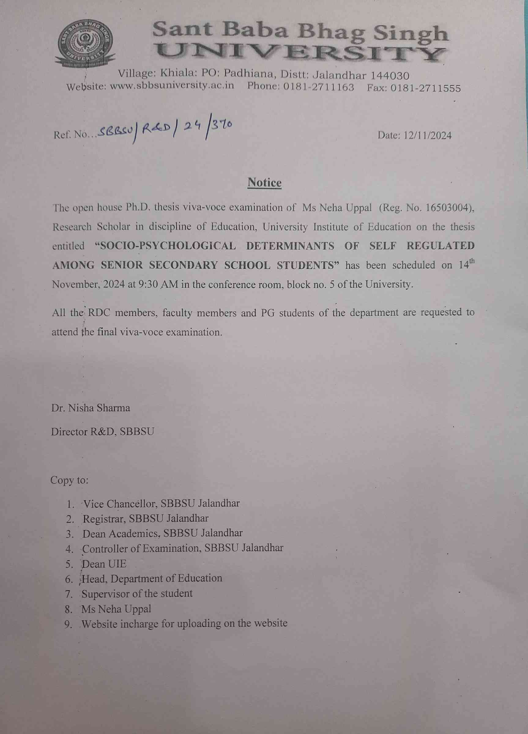 Research Notice at Sant Baba Bhag Singh University
